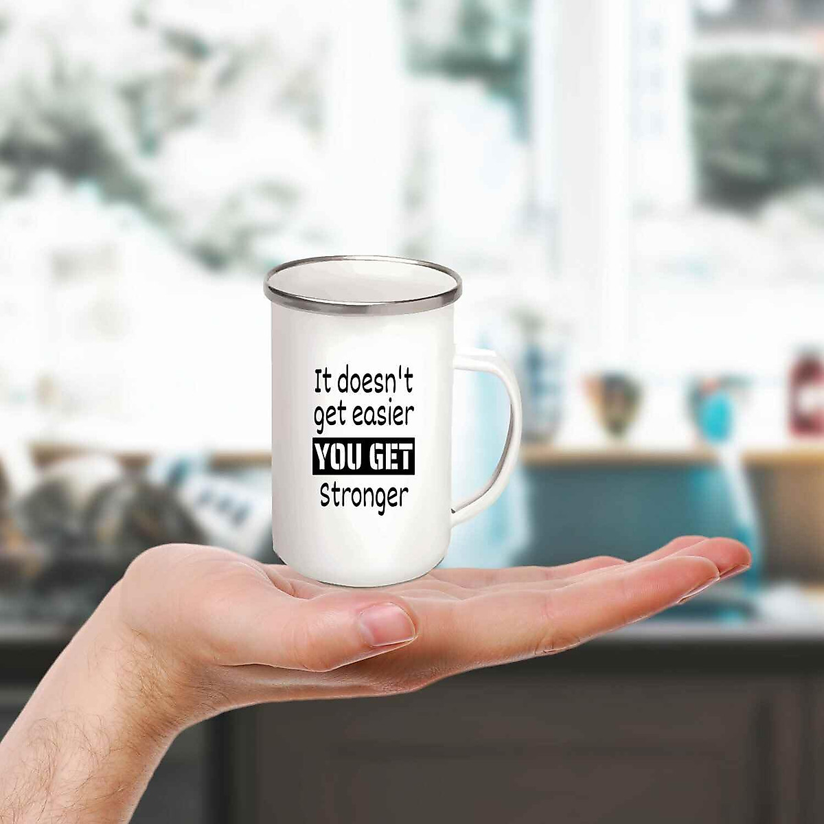 Novelty Gift Strength And Humor Combined Get Stronger Student Adult Gift, Ideal For Graduation Show Courage And Tenacity, 12oz Enamel Silver Mug