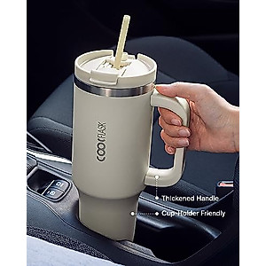 Coolflask 40oz Tumbler with Handle, Insulated Water Tumbler with Lid and Straw, Coffee Tumbler Travel Mug Stainless Steel for Cup Holder, Keep Cold for 24H/Hot for 12H, Apricot