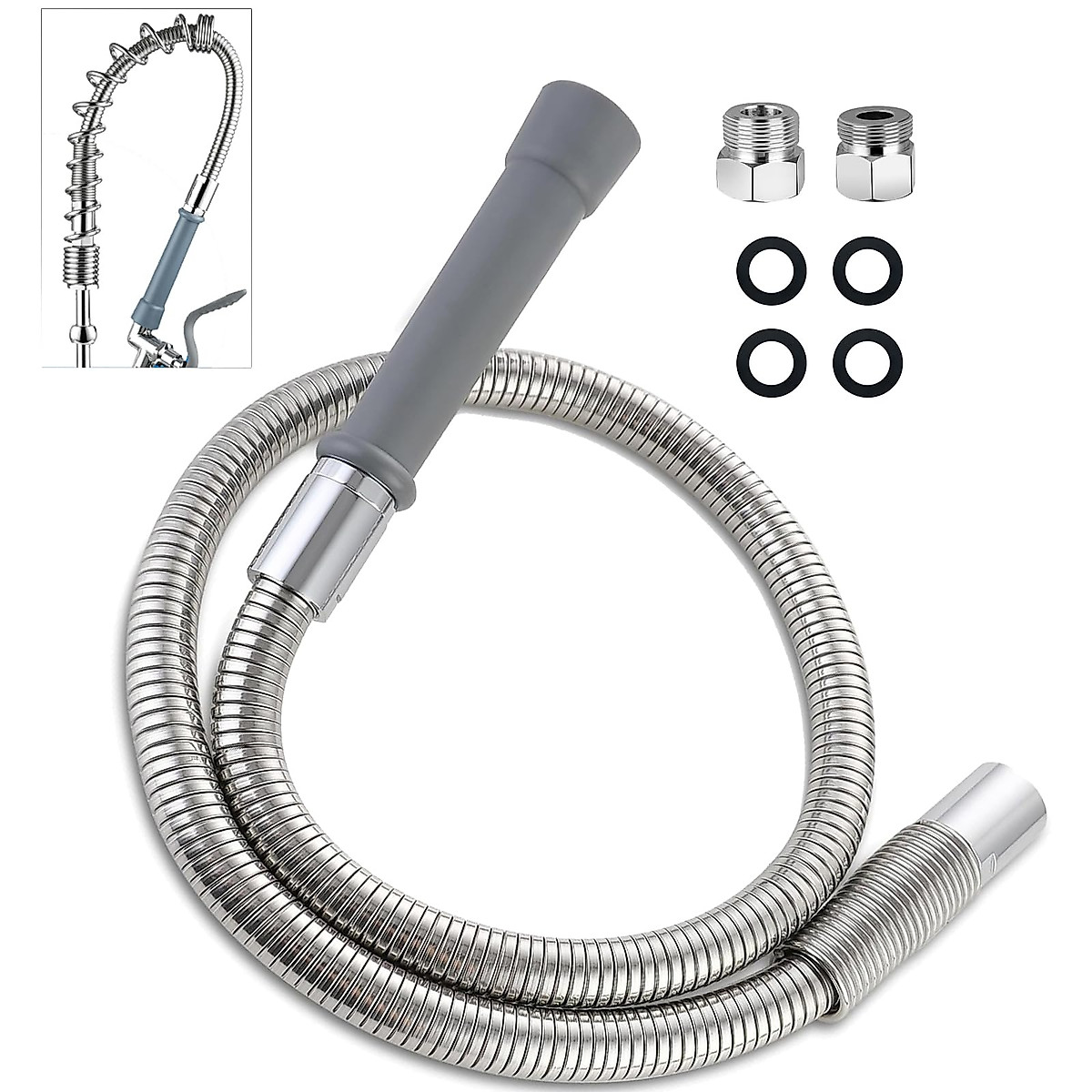 Replacement B-0044-H Commercial Sink Sprayer Hose for T&S Brass, 44 inch Stainless Steel Flexible Pre-Rinse Hose with Heat Resistant Gray Handle Commercial Kitchen Sink Faucet Dish Spray Part