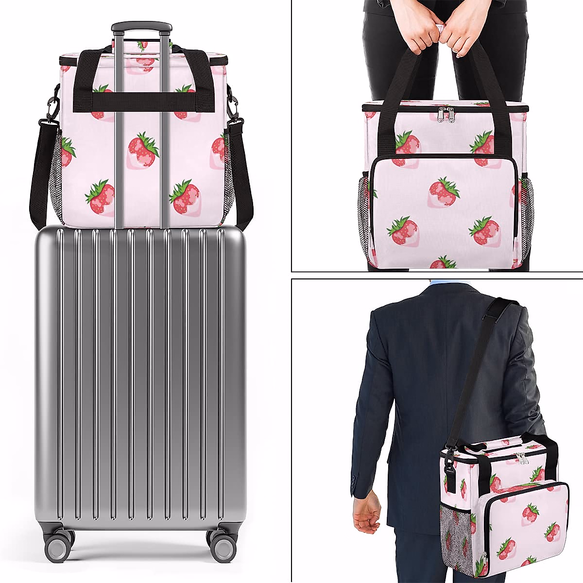 Pink Cute Strawberry Coffee Maker Carring Bag Travel Storage Tote Bag Compatible with Keurig K-Mini or K-Mini Plus Portable Single Serve Coffee Brewer Case with Pockets for K-cup Pods