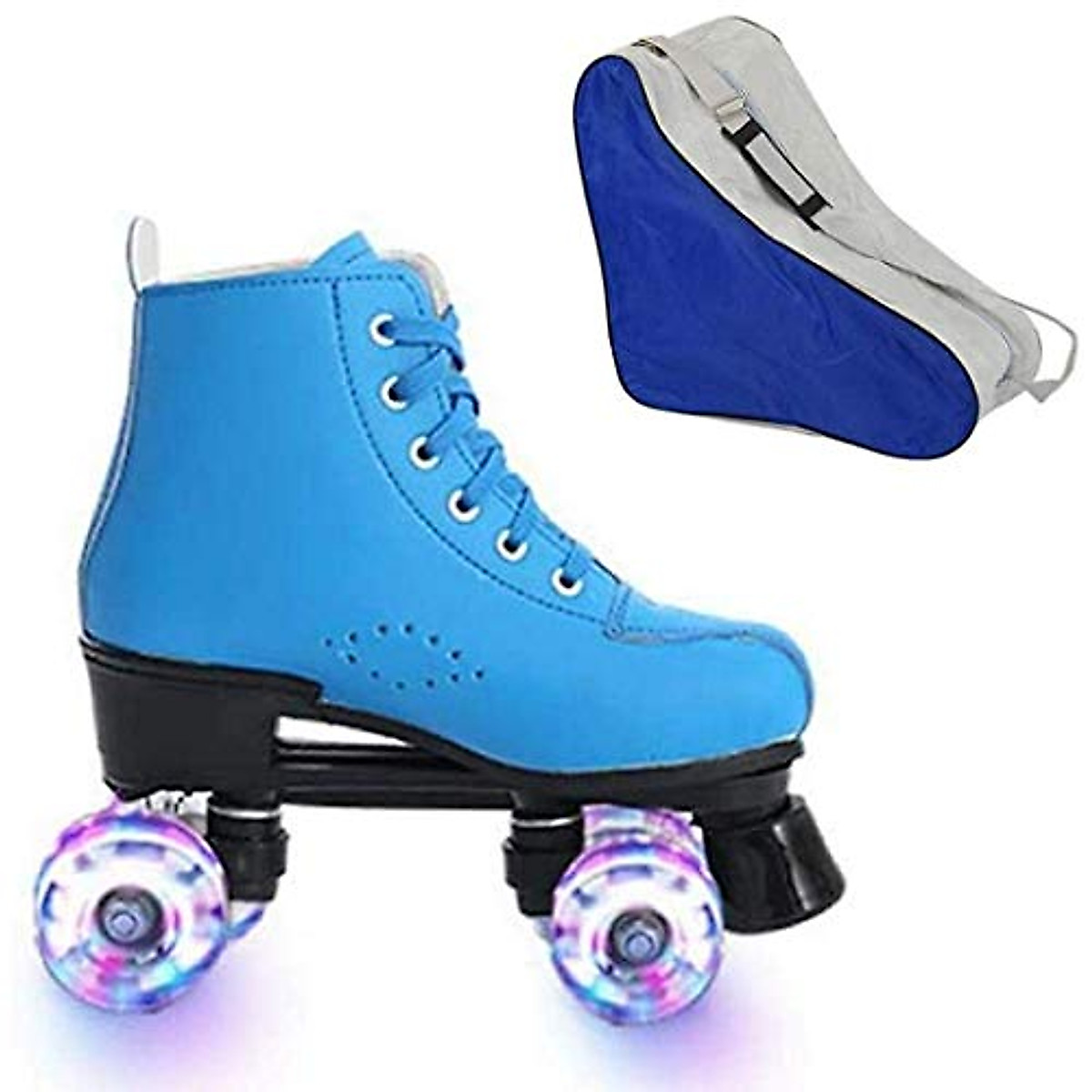 Women's Roller Skates PU Leather High-top Roller Skates Four-Wheel Roller Skates Shiny Roller Skates with Carry Bag for Girls (7, Blue Flash Wheel)