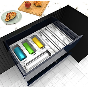 Ageszoe Ziplock Bag Organizer and Foil Wrap Dispenser - 4-in-1 Kitchen Drawer Organizer with Sticker Labels – Foil and Baggie Organizer for 12in Rolls, Gallon, Quart, Snack, and Sandwich Bags