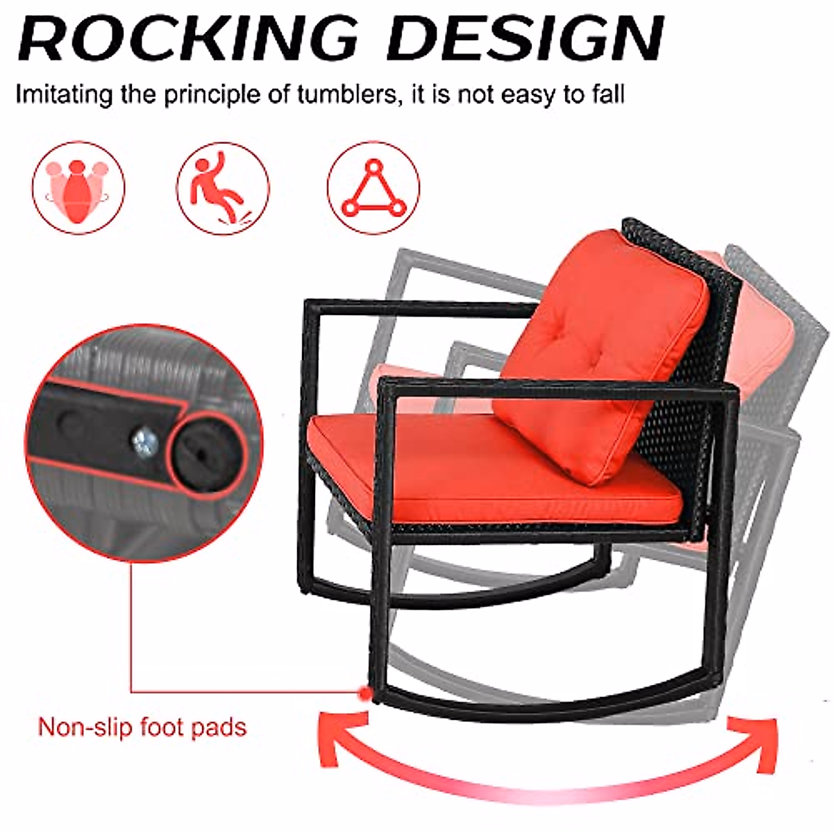 FDW 3 Piece Wicker Patio Furniture Sets Rocking Chair Outdoor Bistro Set Patio Set Rattan Chair Conversation Set with Porch Chairs and Coffee Table,Red