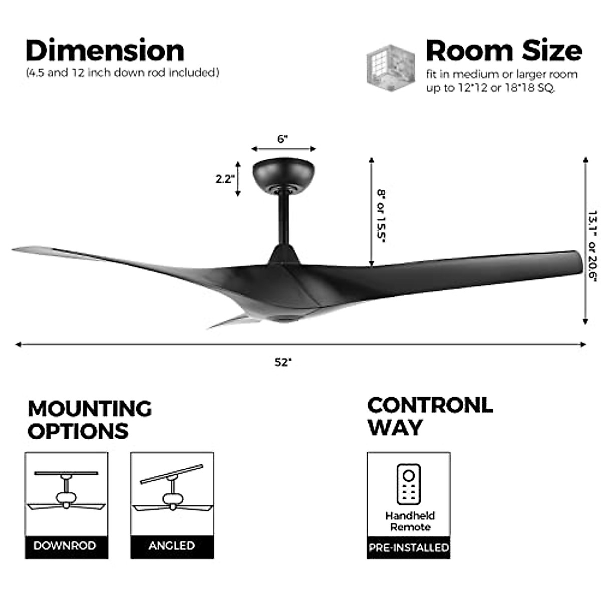 WINGBO 52" DC Ceiling Fan without Lights, Matte Black Ceiling Fan with Remote, 3 Curved ABS Blades, Noiseless Reversible DC Motor, Modern Ceiling Fan for Kitchen Bedroom Living Room, ETL Listed