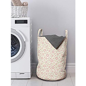 Ambesonne Flower Laundry Bag, Vintage Old Fashioned Floral Pattern Silhouettes Briar Shrubs Roses Retro, Hamper Basket with Handles Drawstring Closure for Laundromats, 13" x 19", Rose Pale Green White