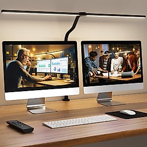 APMIEK LED Desk Lamp for Home Office, 24W Remote Control Computer Desk Light Bright Desktop Lamp Multi Lighting Modes Dimmable Clamp Desk Lighting for Work with Adjustable Gooseneck, Double Head,Black