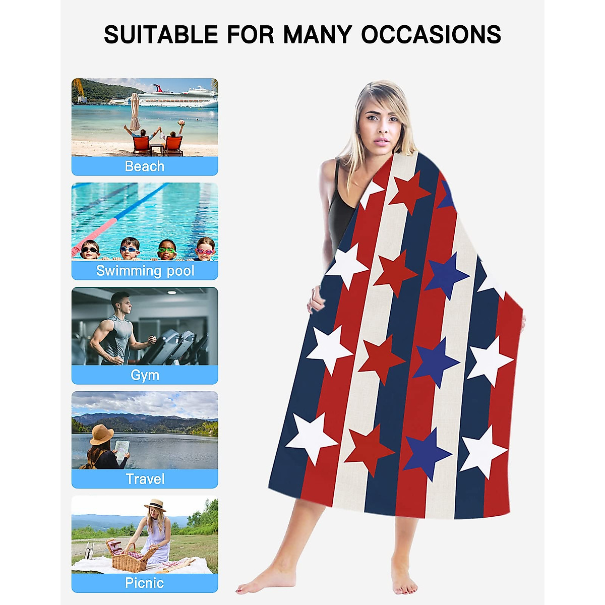 Gsypo Microfiber Beach Towel Oversized 31”x63”, Independence Day USA Falg Red Blue White Stripes Swimming Pool Towels for Adult, Absorbent Sand Free Lightweight Beach Towels for Beach Bath Yoga Hotel