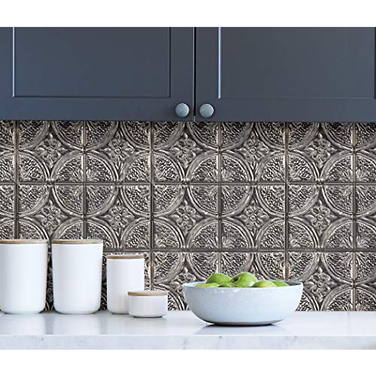 InHome NH3922 Camden Antique SSilver Faux Tin Peel & Stick Backsplash Tiles, Metallic