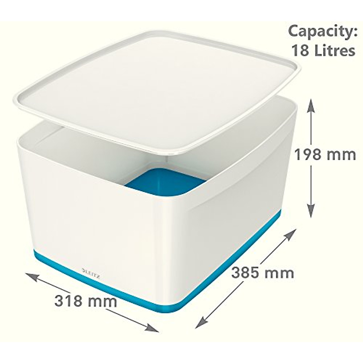 Leitz Large MyBox with Lid, Storage Box for Home and Office, High Gloss Plastic, 18 Litre, A4, White/Blue Metallic