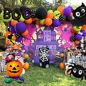 Halloween Balloons Decorations, Halloween Balloon Arch Kit with Pumpkin Bats Spider, Purple Orange and Black Eye BOO Balloons Halloween Balloon Garland for Halloween Party Supplies