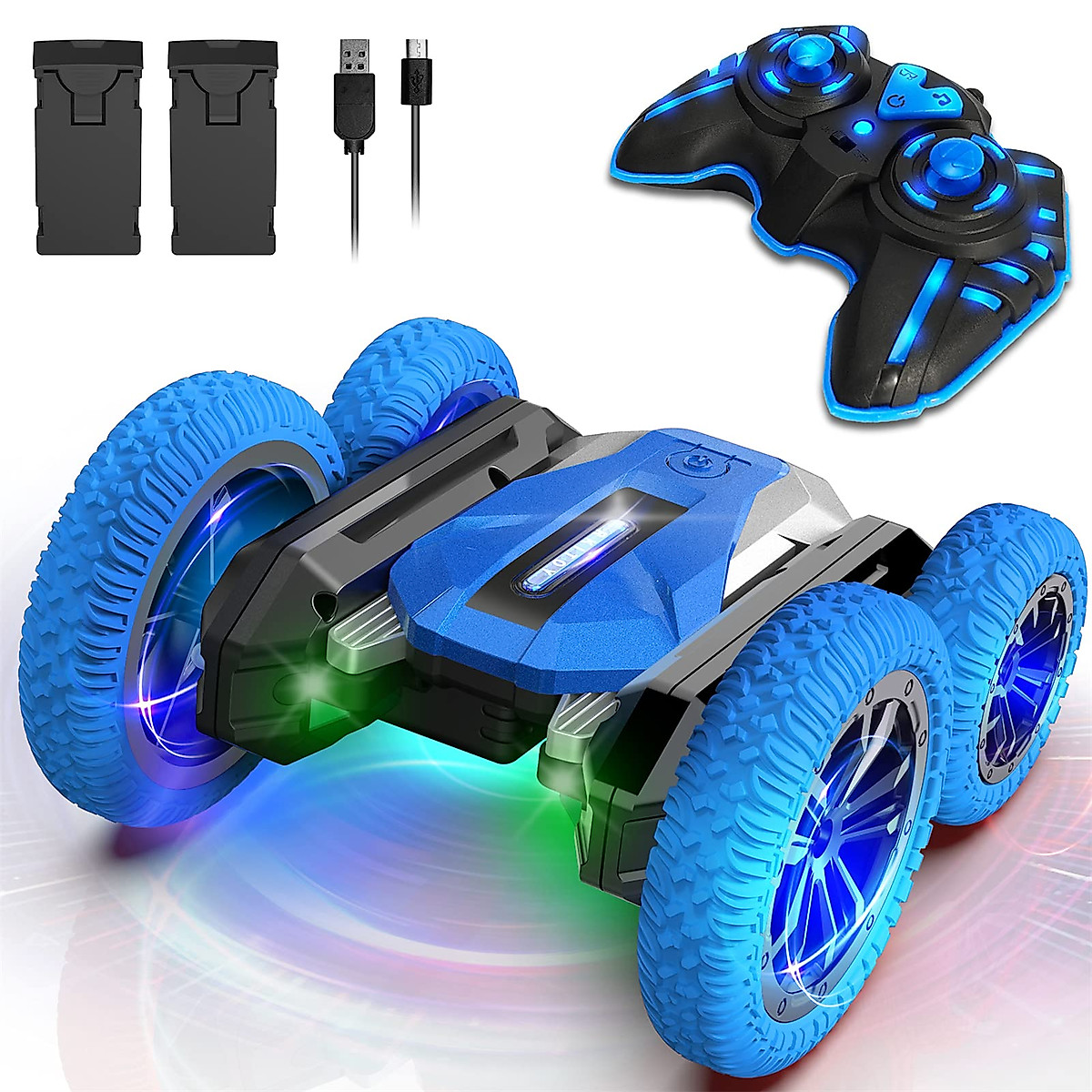 Wsiyen Toys RC Cars Remote Control Car, Double Sided 360°Rotating Stunt Car, Kids Toy with Rechargeable Battery, LEDs, 4WD, All Terrain Tires,Birthday Gifts for Boys Age 6 7 8 9-14 Year Old