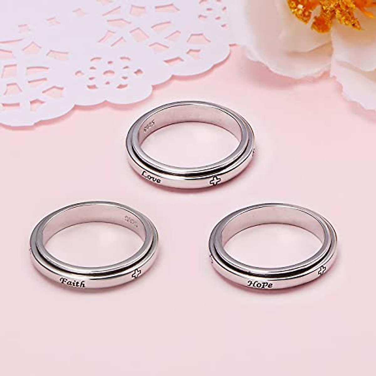 S925 Sterling Silver Spinner Fidget Anxiety Worry Relieving Boredom ADHD Autism Band Rings Faith Hope Love Cross