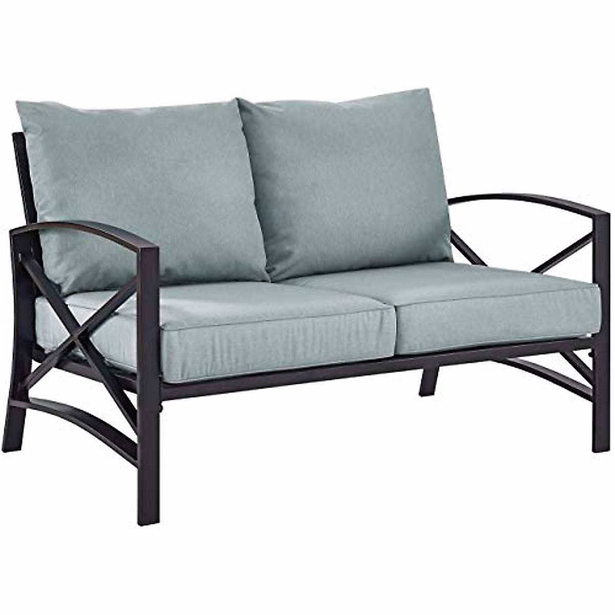 Crosley Furniture Kaplan 3-Piece Outdoor Loveseat Patio Furniture Set, Conversation Sets for Porch, Deck, Oiled Bronze with Mist Cushions