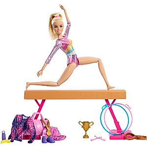 Barbie Careers Playset, Gymnastics Set with Blonde Gymnast Fashion Doll, C-Clip for Flipping Action, Balance Beam, Warm-Up Suit & Accessories
