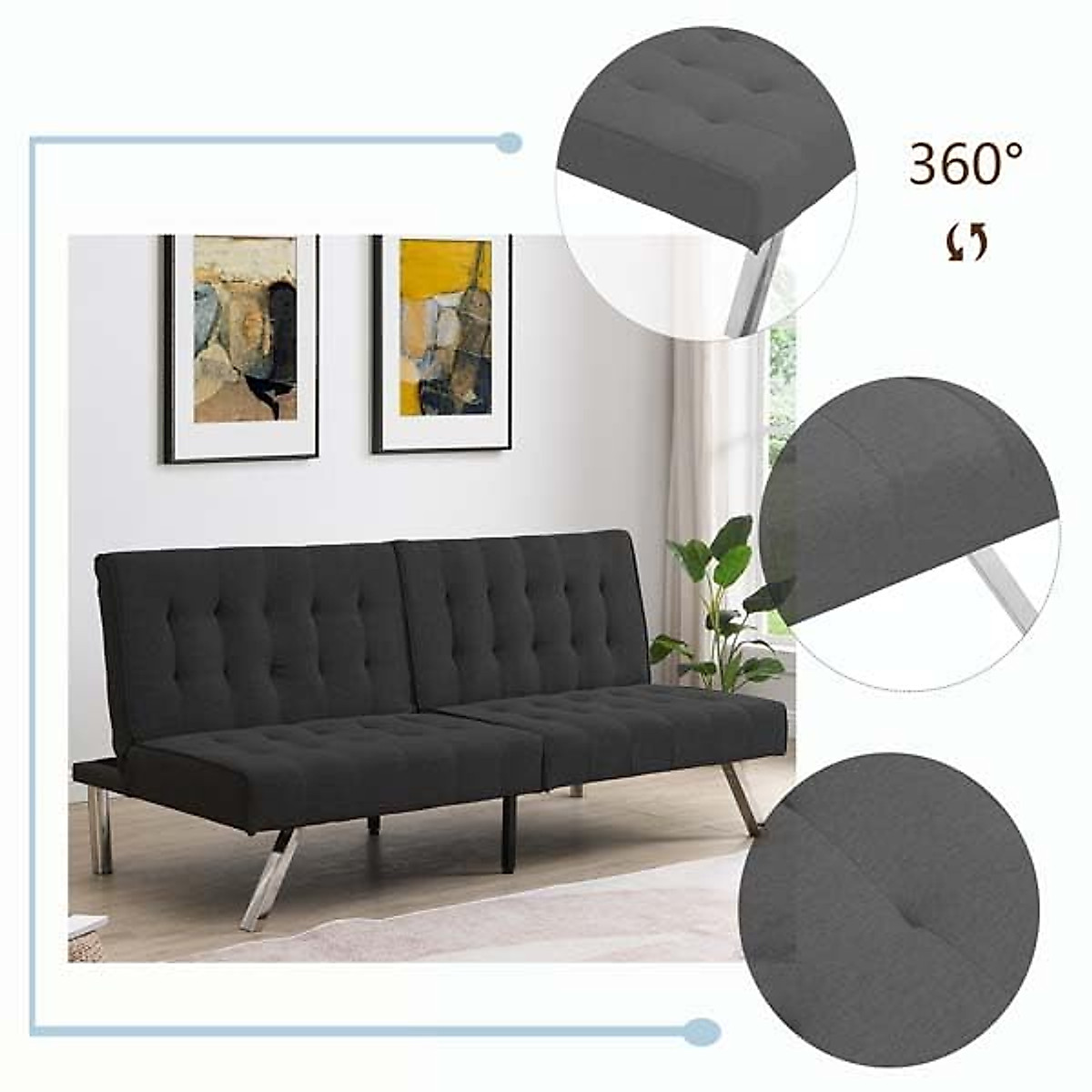 GERDIOEB Futon Sofa Bed Convertible Sleeper Sofa, Modern Futon Couch with Stainless Leg/Sturdy Wood Frame/Convertible Lounge Chair Single Bed, Futon Sofa for Living Room Bedroom Dorm Office (Black)