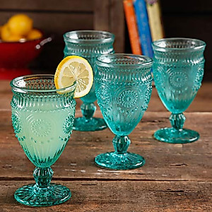 The Pioneer Woman Adeline Embossed 12-Ounce Footed Glass Goblets, Set of 4 (Turquoise) (PACK OF 4)