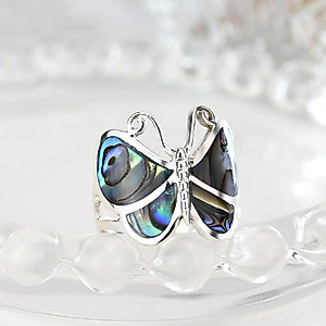 AeraVida Captivating Butterfly Motif Rainbow Abalone Statement .925 Sterling Silver Ring | Cute Wedding Rings For Women | Casual Comfort Fit Silver Rings for Women | Gift for Daughter | Ring Size (14)