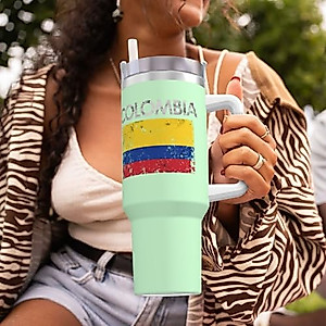 YVNUM 40 oz Tumblers with White Handle,Vintage Colombia Colombian Flag Pride Stainless Steel Thermos Travel Coffee Mug for Water, Iced Tea or Coffee,with Lid Straw Leakproof