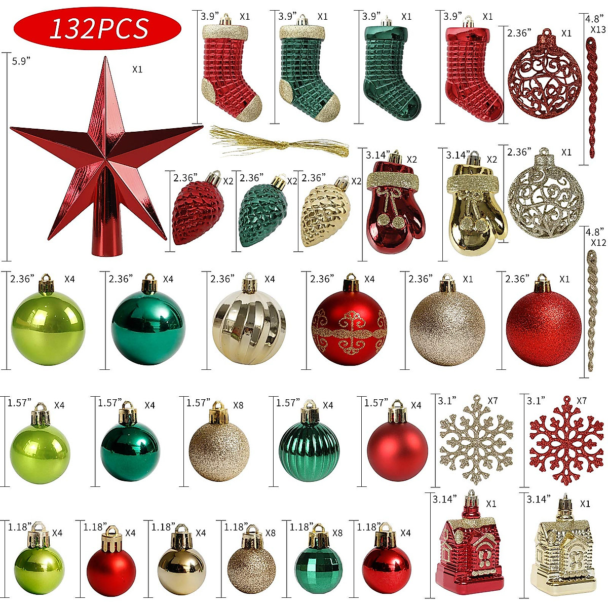 Christmas Tree Ornament, 132pcs Christmas Tree Decoration Set Red Green Gold Christmas Ball Shatterproof Hanging Tree Ornament Assortment Set