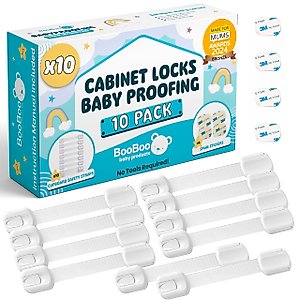 Booboo® (10 Pack) Premium Cabinet Locks Baby Proofing, Child Proof Cabinet Locks, Cupboard Locks for Children with 3M Adhesive + 4 Extra Stickers