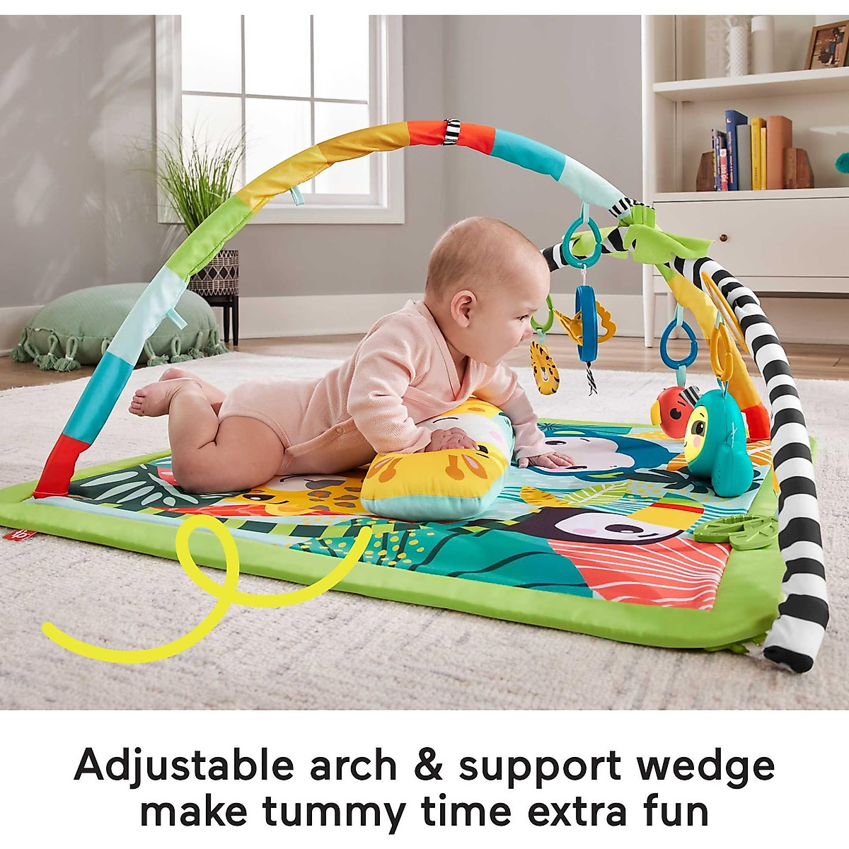 Fisher-Price Baby Playmat 3-in-1 Rainforest Sensory Gym with Music & Lights, Tummy Wedge & 5 Developmental Toys for Newborns 0+ Months