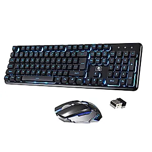 Soke-Six Wireless Rechargeable Backlit Keyboard and Mouse Combo, 2.4G Full-Size Mechanical Feel Gaming Keyboards with USB 2400DPl Mice,Adjustable Breathing Lamp,Anti-Ghosting (Black& Blue Light)