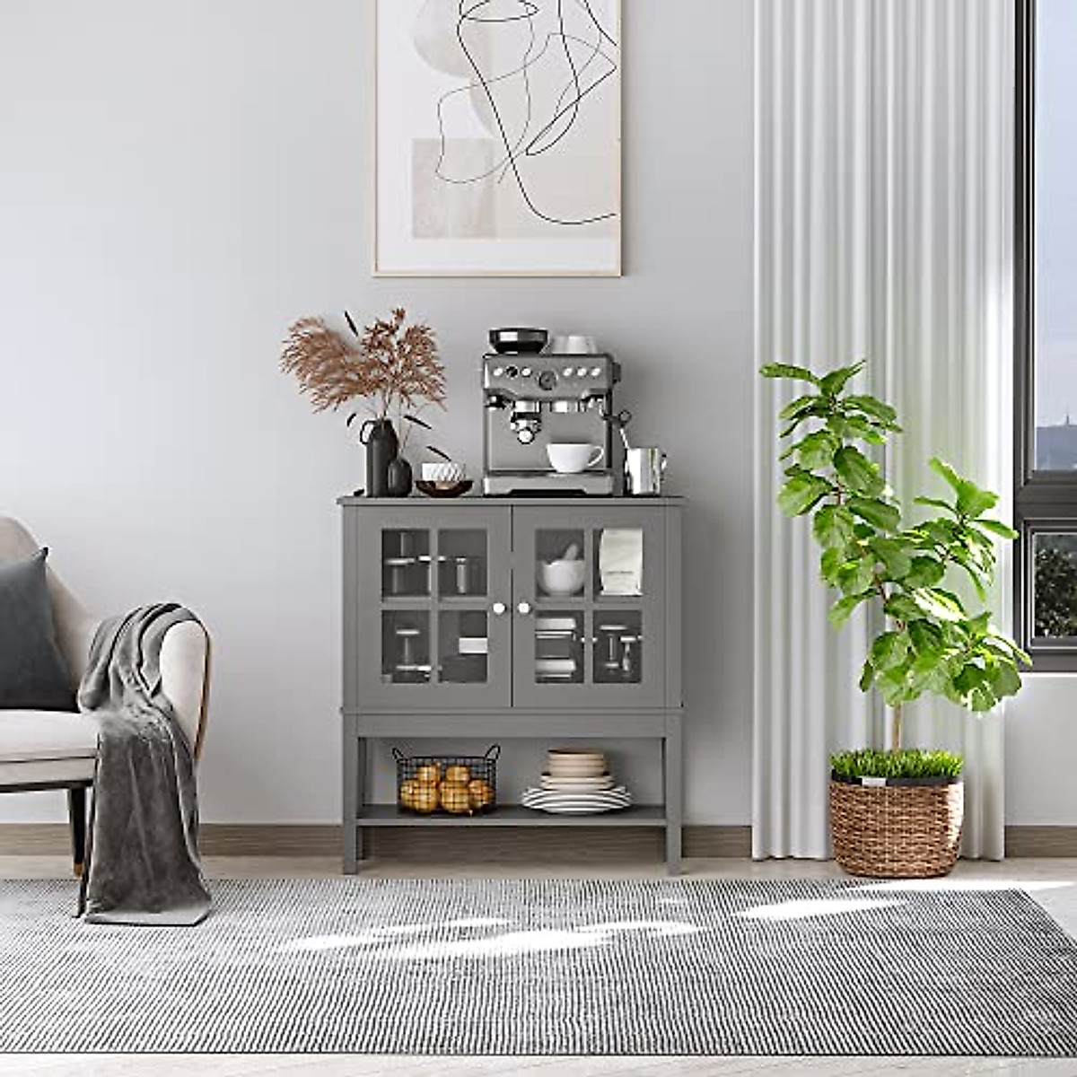 HOMCOM Coffee Bar Cabinet, Modern Sideboard Buffet Cabinet, Kitchen Cabinet with 2 Glass Doors, Adjustable Inner Shelving and Bottom Shelf, Grey