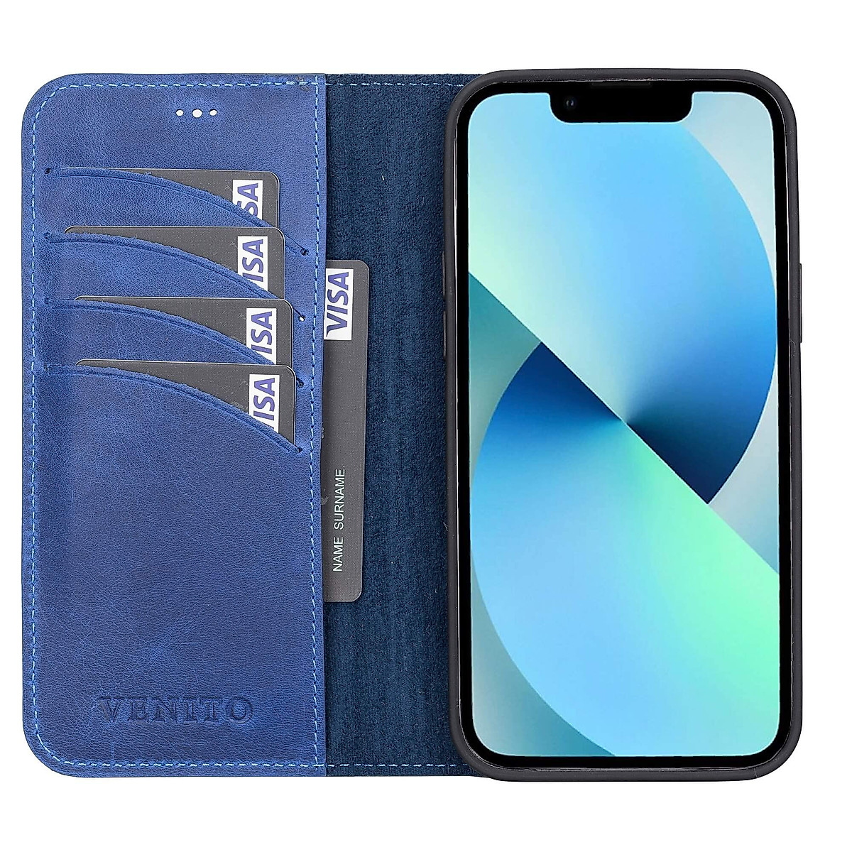 Venito Ravenna Slim Magic Leather Wallet Case for iPhone 13 Pro Max (6.7 in) with a Magnetic Flip & Four Card Slots and a Bill Pocket & Lightweight Frame (Antique Dark Blue)
