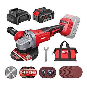 Cordless Grinder - MPT 21V Cordless Angle Grinder with 4.0Ah Li-Ion Battery & Charger, 4-1/2 Inch Blade, Powerful Brushless Motor, Battery Grinder Tool for Metal Wood with Auxiliary Handle