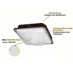 CYLED 65W LED Canopy Light Industrial Waterproof Explosion-Proof Outdoor High Bay Balcony Car Park Lane Gas Station Ceiling Light Equivalent 250W HID/HPS 6500 Lm 5500K DLC Qualified Pack of 2