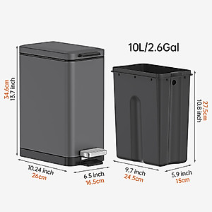 Mbillion Step Trash Can 10 Liter 2.6 Gallon Slim Design Step-On Trash Can with Strong Pedal, Stainless Steel Rectangular Garbage Can, Dark Grey