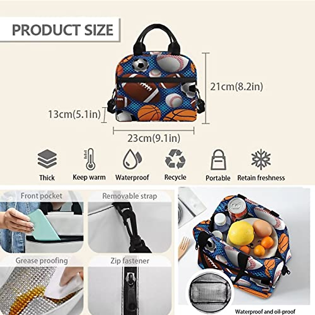 Rnyleeg Fire American Football Backpack 3 Piece Set School Bag Bookbag with Insulated Lunch Box And Pencil Case Set for Boys Girls,One Size