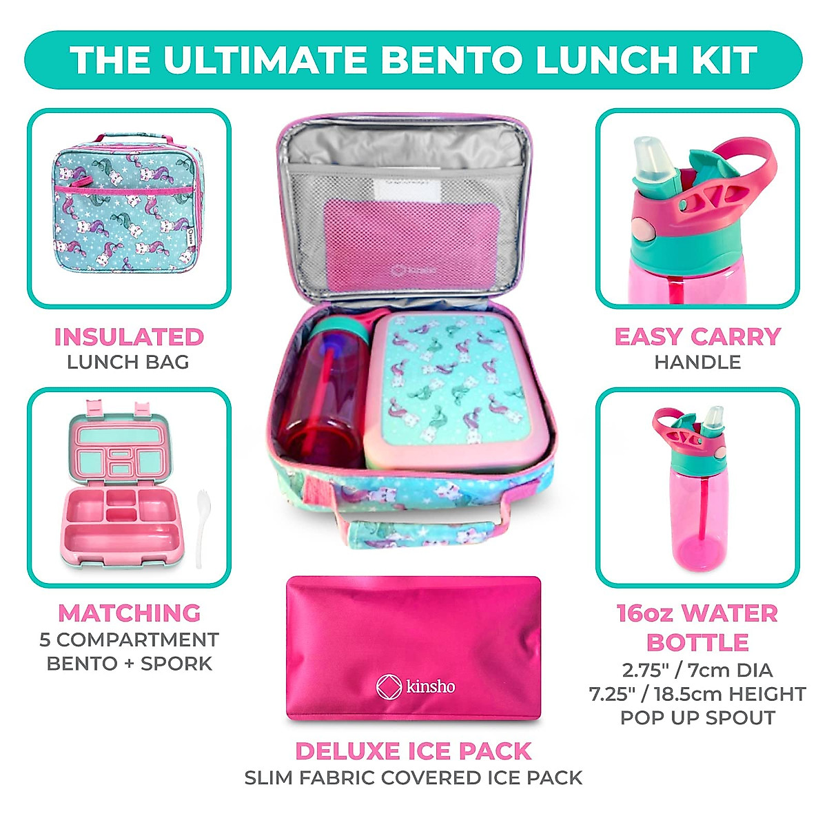 kinsho Bento Lunch Box. Insulated Bag, Water Bottle & Ice Pack Set for Kids, Toddlers, Girls. 5 Portion Sections, Removable Tray, Pre-School Toddler Daycare Lunches, Snack Container, Aqua Cat Mermaid
