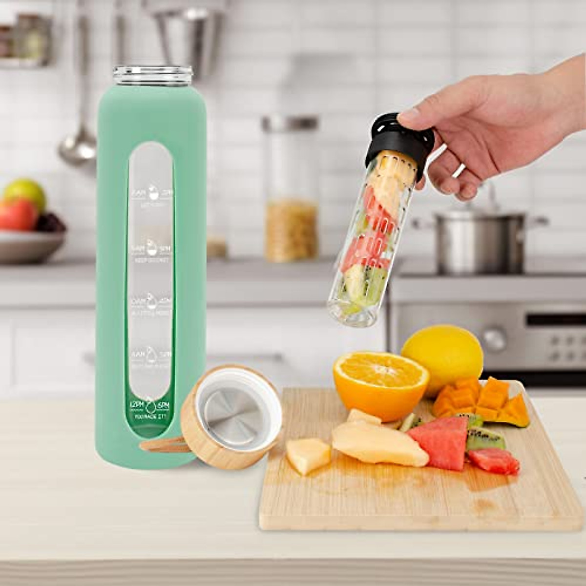 Sursip 32oz Glass Water Bottle with Time Marker and 2 Lids-Spout Lid/Bamboo Lid，Reusable motivational Glass Water Drinking Bottles with Silicone Sleeve/Ice Tray/Fruit box，Leak Proof BPA Free