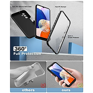 FNTCASE for Samsung Galaxy A14-5G Case: Shockproof Silicone Protective Phone Case with Built-in Screen Protector - Slim Dual Layer Rugged Sturdy Drop Proof TPU Protection Cover (Plain Black)