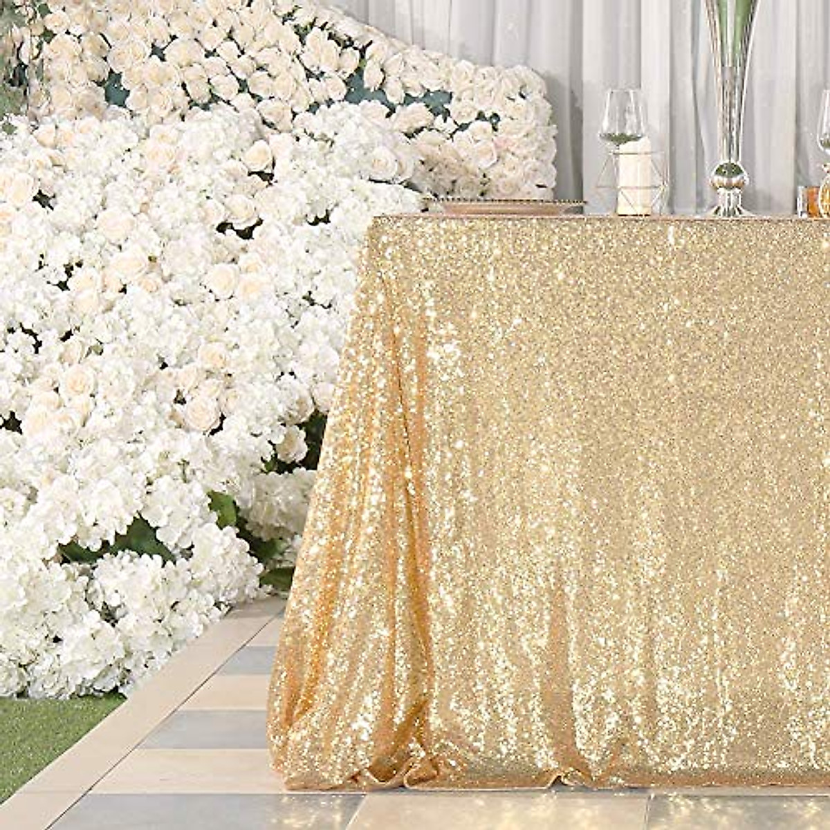 Juya Delight 60" x 102" Light Gold Sequin Tablecloth Rectangle Sparkle Table Cover for Wedding Birthday Party Festival Ceremony Cake Dessert Table