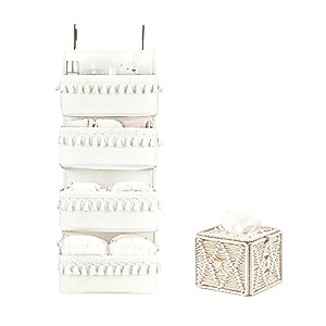 Dahey Over The Door Organizer with 4 Pockets Boho Door Closet Hanging Organizers and Storage and Tissue Box Cover Cube Macrame Tissues Holder Square