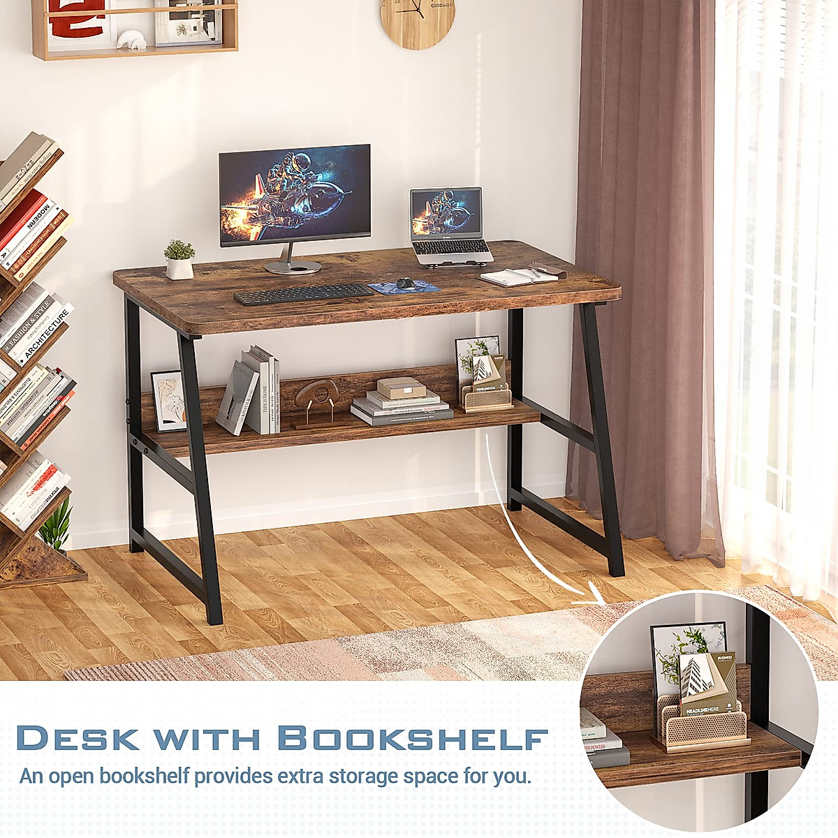 Topfurny Computer Desk 32 Inch Modern Sturdy Writing Desk with Bookshelf Study Table Desk with Metal Legs Industrial Table for Home Office for Small Space, Rustic Brown