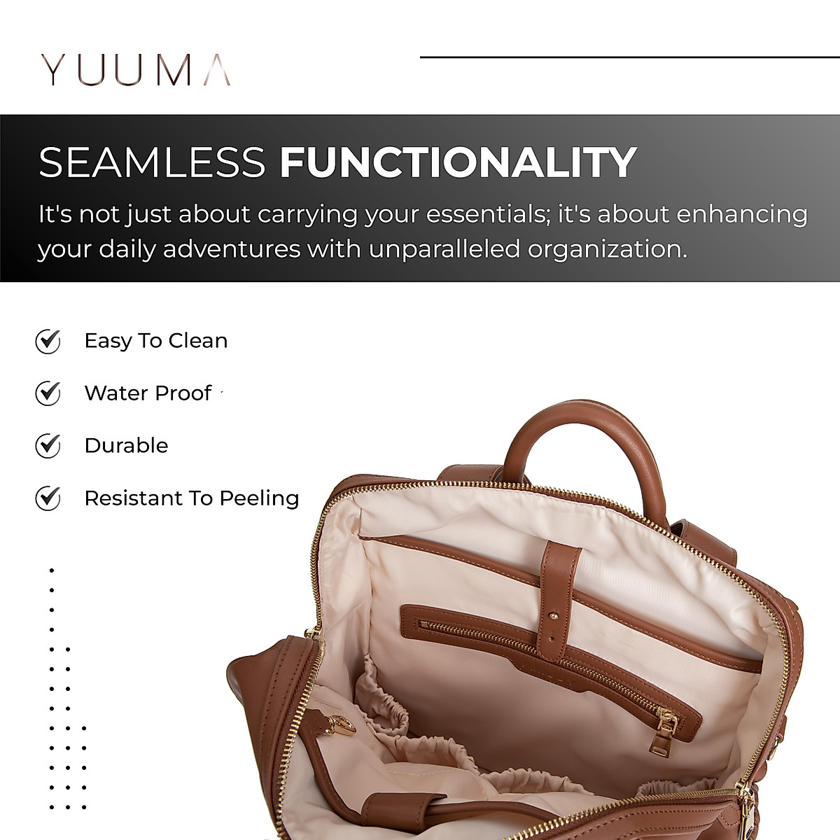 YUUMA Collection Original Diaper Backpack - Vegan Leather Baby Bag - Gold Zipper - Multiple Pockets - Easy Clean Nylon Interior - Many Colors - Modern Diaper Bag (Onyx)