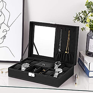 Oyydecor bestwishes Jewelry Box Watch Box Organizer 8-Slot Storage Watch Organizer Case Jewelry Display Case Organizer with Mirror (Black)