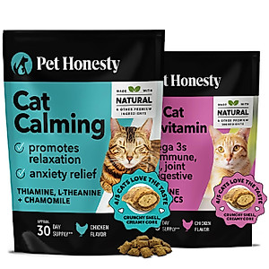Pet Honesty Cat Calming + Cat Multivitamins Dual Texture Chew Supplement Bundle - Helps Reduce Stress and Cat Anxiety, Supports Overall Immune Health, Joints, Skin & Coat, and Digestion