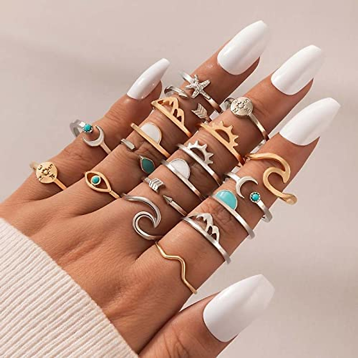 YOOESTORES82 Boho Stackable Ring Set for Women.Turquoise Star Moon Knuckle Rings Midi Finger Rings Set Retro Wave Peak Sea Stacking Joint Ring Sets