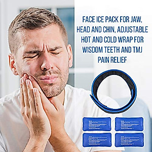 Face Ice Pack - Use as Wisdom Teeth Ice Pack, TMJ Relief Products, Jaw Pain - Hot & Cold Therapy for Chin, Headaches, Post Surgery Treatment - Adjustable Face Wrap Includes 4 Gel Packs