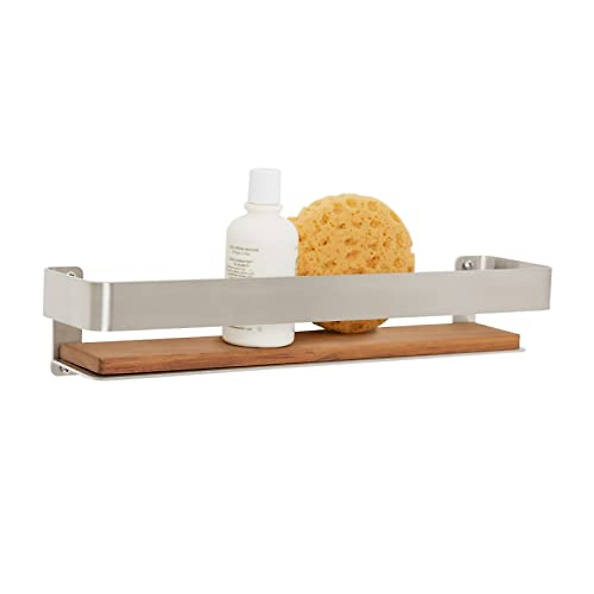 Seachrome Rectangular Shower Shelf with Rail in a Satin Finish and Natural Teak Wood Insert