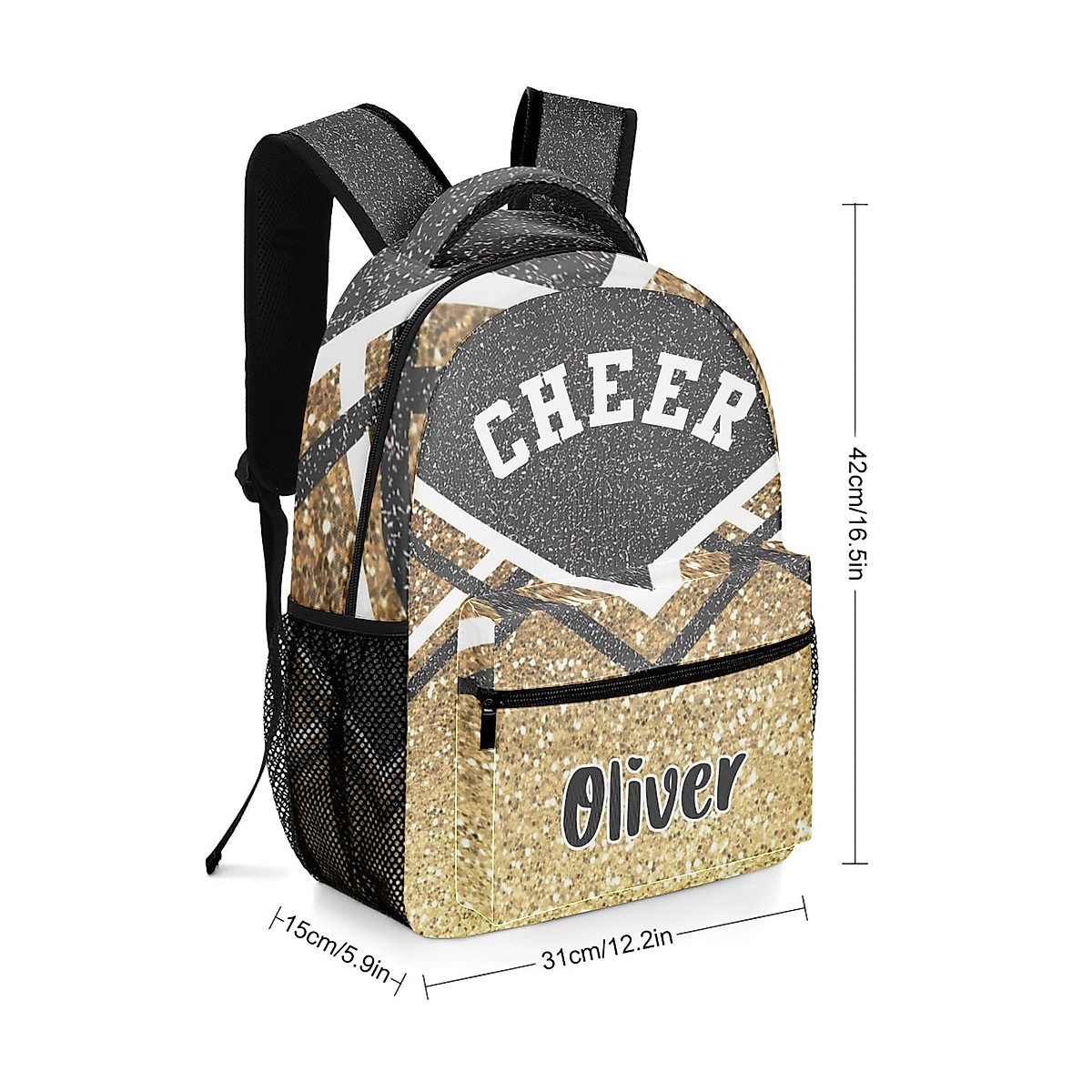 XOZOTY Gold Black Cheer Cheerleader Backpack Personalized Name Bag Bookbags Daypack for Kids Adult