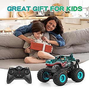 DYODYORC Remote Control Car, 2.4Ghz All Terrain Dinosaur Monster Truck Toys, RC Truck with Music, 3 Lighting Effects, 360 Stunt Capable, All Included Ready to Run, Toy Gifts for Boys and Girls (Cyan)