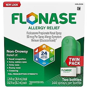 Flonase Allergy Relief Nasal Spray, 24 Hour Non Drowsy Allergy Medicine, Metered Nasal Spray - 144 Sprays (Pack of 2) - Fall and Seasonal Allergy Relief