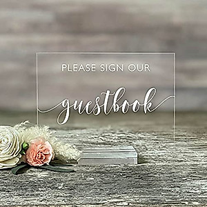 Sweet Carolina Collective Modern Acrylic Wedding Guestbook Sign - Please Sign Our Guestbook - with Acrylic or Wood Stand: 5" x 7" or 8" x 10" - Perfect for Wedding Table Decor & Reception Decor