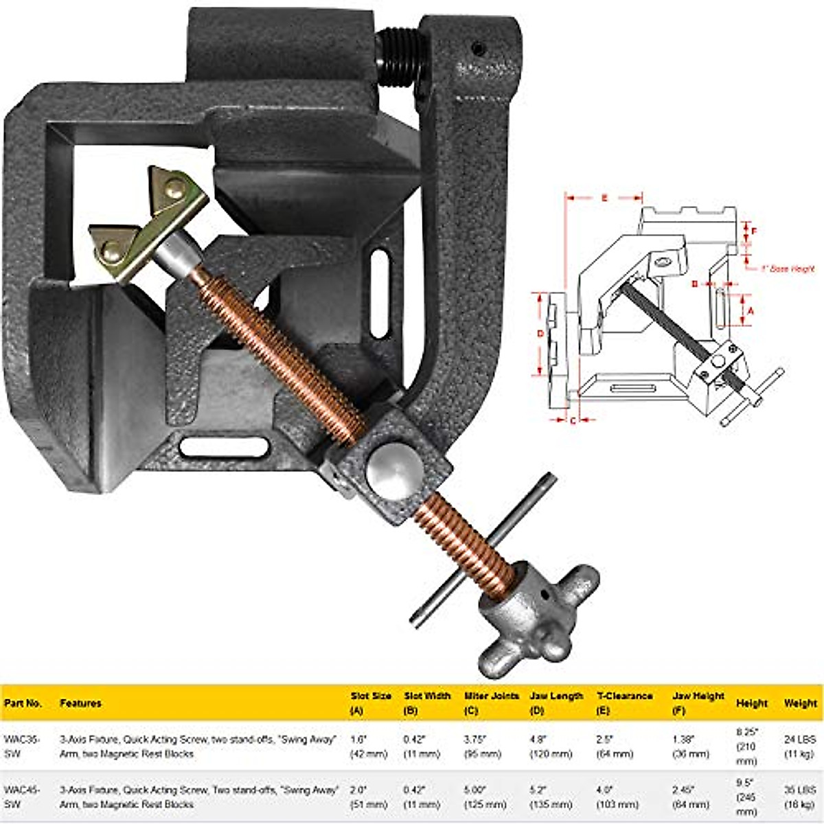 Strong Hand Tools WAC35-SW Strong Hand 3-Axis Fixture Vise with Quick Acting Screw, Two Stand-Offs, Swing Away Arm with 3.75" Miter Joint, 2.45" T-Clearance