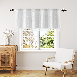 Visioun Boho White Curtain Topper Tassels Valance Window Cafe Treatment Tufted Pleat Floral Puffs Textured Simple Rod Pocket Kitchen Window Drapes for Bathroom Bedroom Living Room 1 Panel (52x18 Inch)